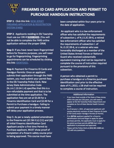 Firearms Registration Information – Elk Township, New Jersey